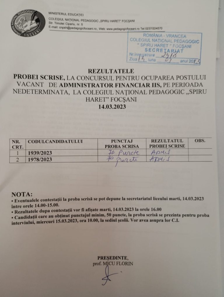 Rezultate proba scrisa concurs secretar – CNPSH